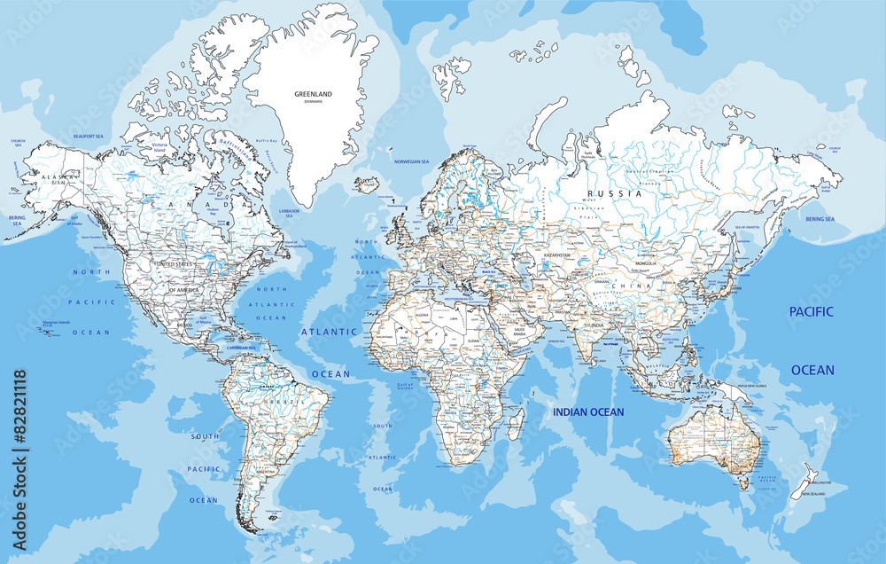 High detailed World road map with labeling. Stock Illustration | Adobe ...