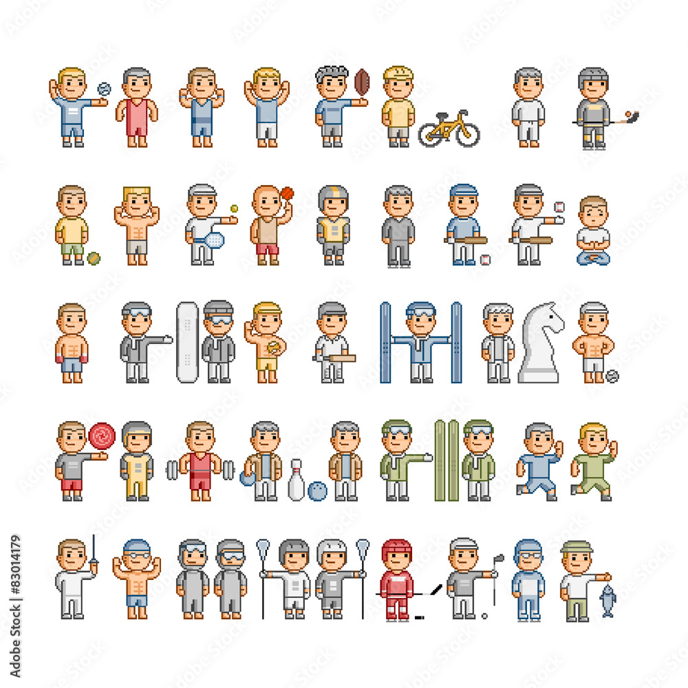 Pixel art athletes and different sports vector de Stock | Adobe Stock
