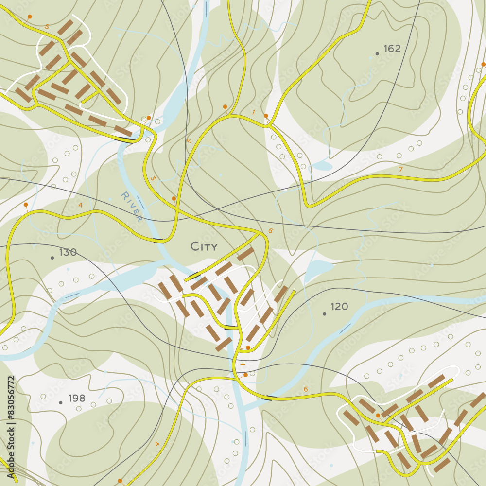 Topographic map of territory with rivers, forests and roads Stock ...