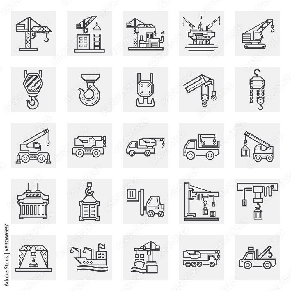 Crane icon or lifting equipment i.e. tower, crawler, wich, mobile ...