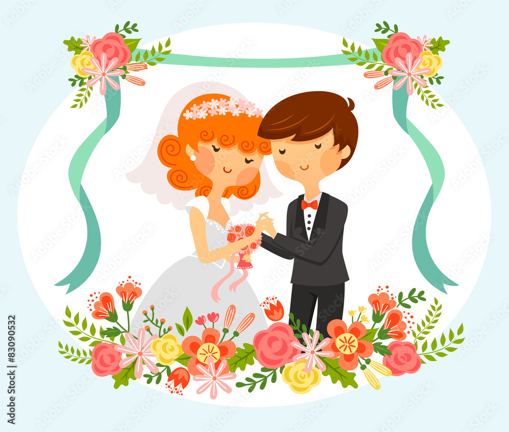vintage style cartoon of bride and groom with floral ornaments Stock ...