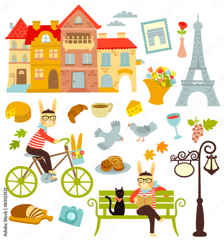 collection of cartoon symbols of Paris Stock Vector | Adobe Stock