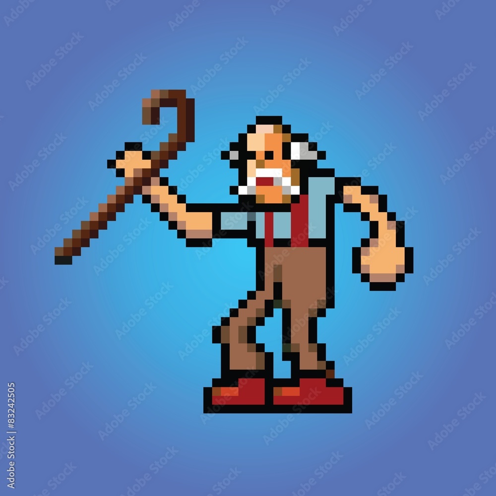 old man with stick in hand pixel art style illustration vector Stock ...