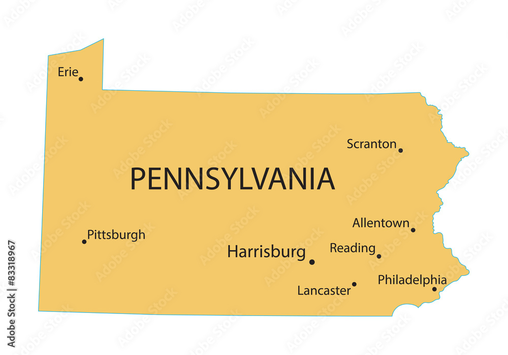 yellow map of Pennsylvania with indication of largest cities Stock ...