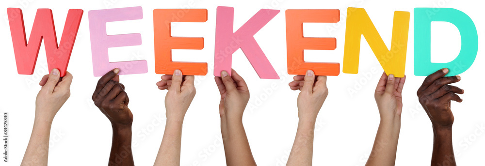 Multi ethnic group of people holding the word weekend Stock Photo ...