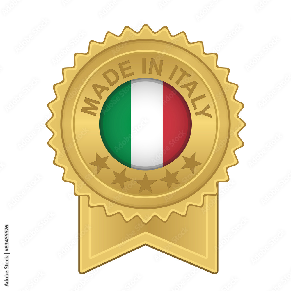 made in italy seal on gold coin and ribbon with center flag Stock ...