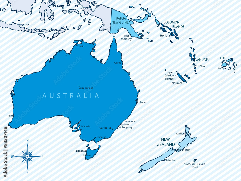 Poster Oceania map blue with countries and cities – Wall Art | UkPosters