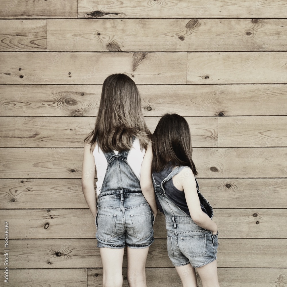 Rear view of two girls wearing dungarees standing side by side against ...
