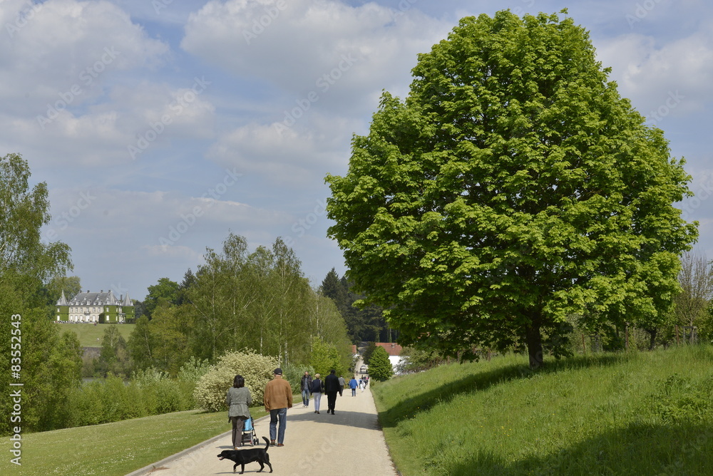 Foto Stock Le parc Solvay au printemps avec le château de la Hulpe ...