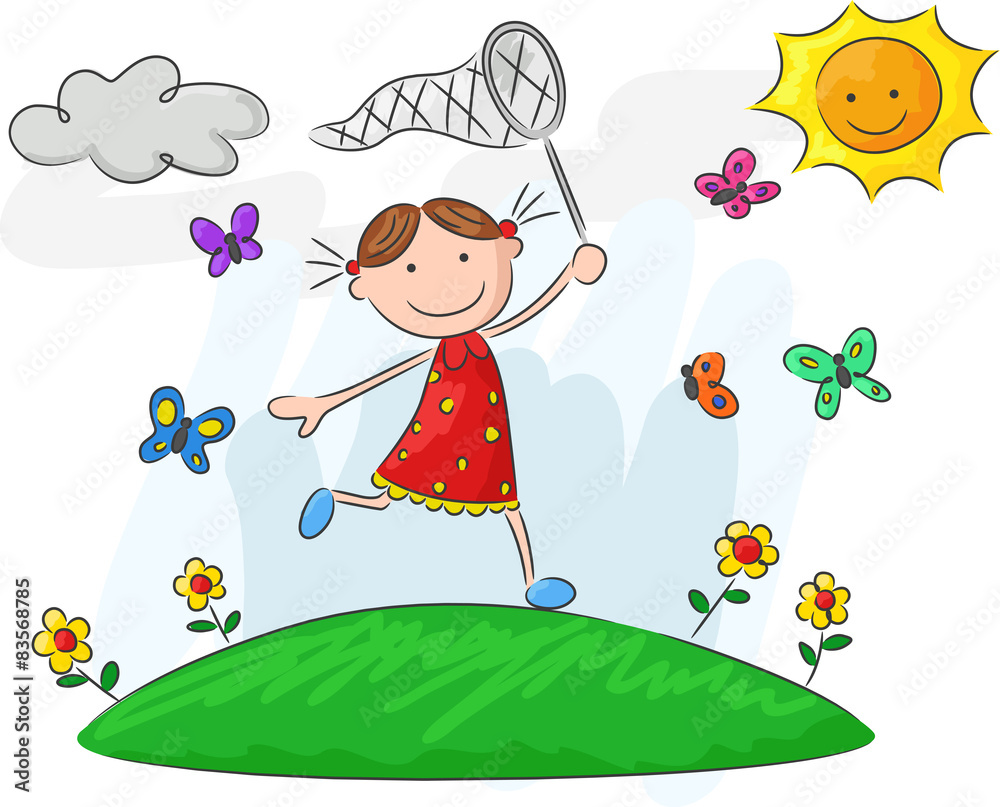 Cartoon little girl holding nets Stock Vector | Adobe Stock