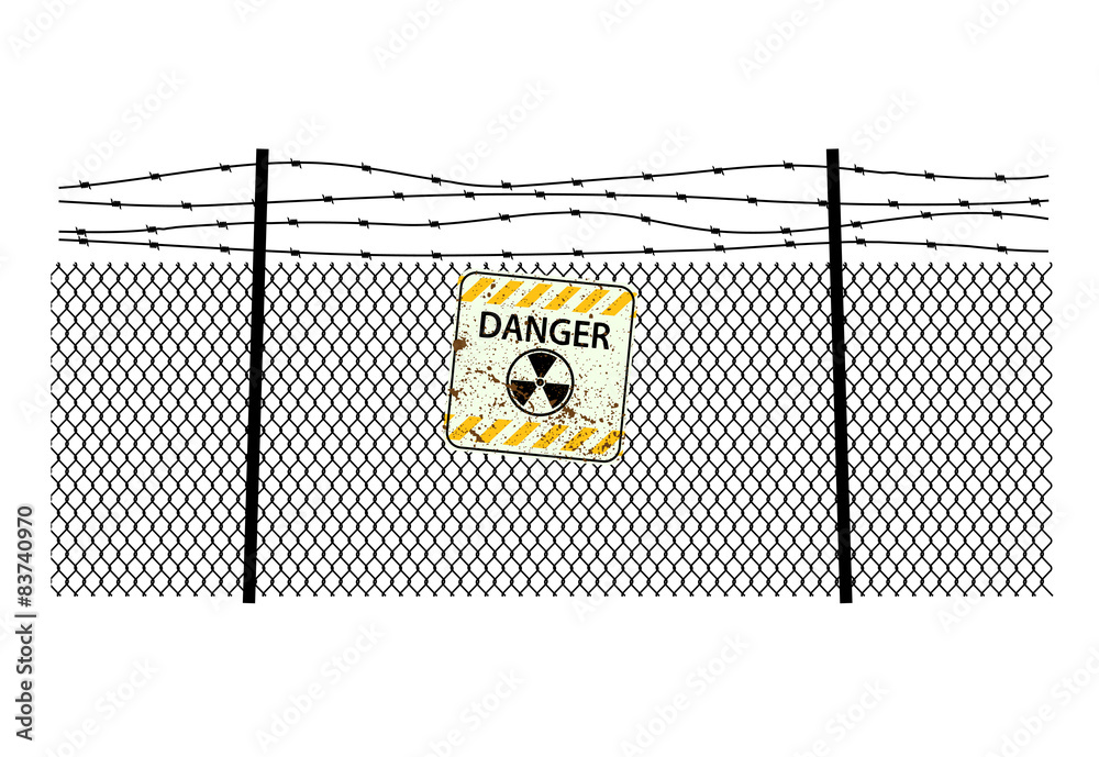 sign radiation on steel fencing with a barbed wire Stock Vector | Adobe ...