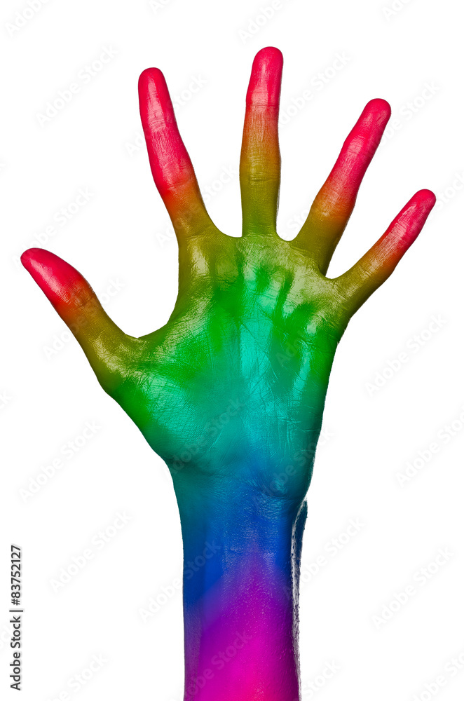 Rainbow hand on white background, isolated, paint Stock Photo | Adobe Stock