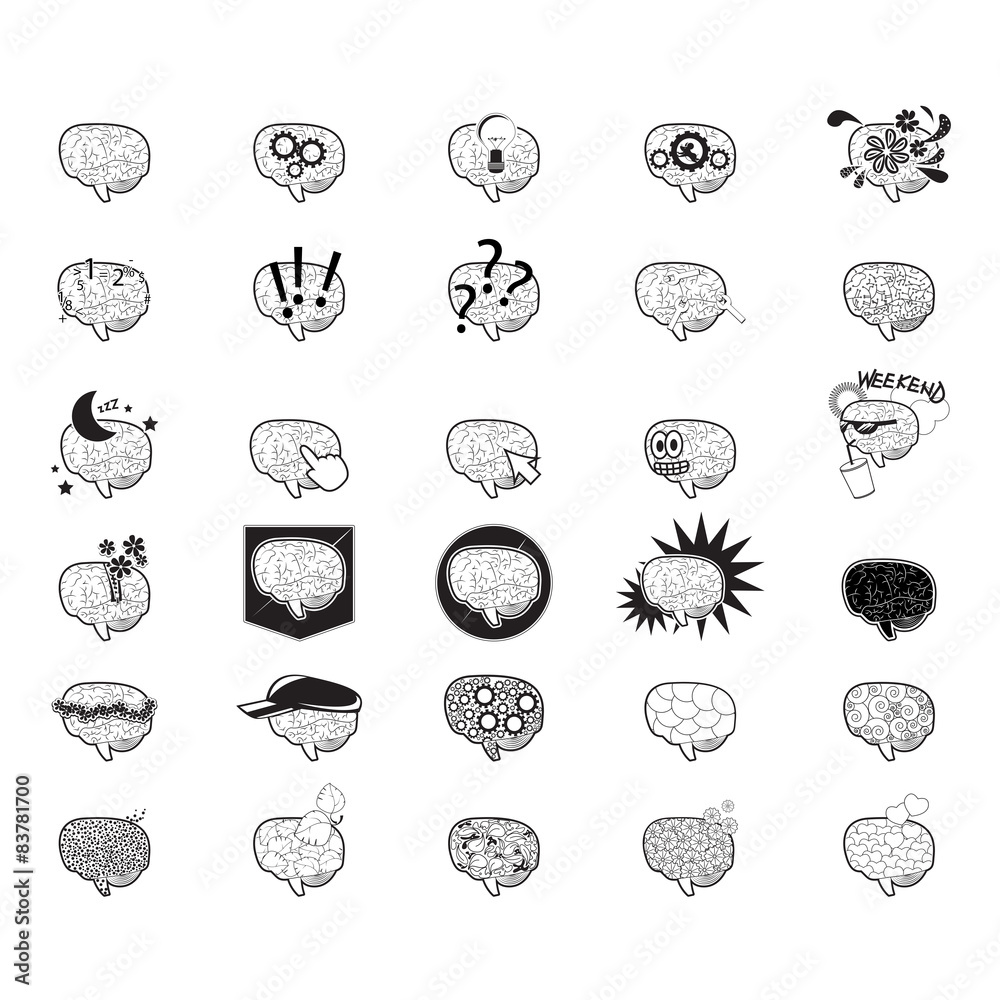 Thin Line Brain Icons Set - Isolated On White Background - Vector ...