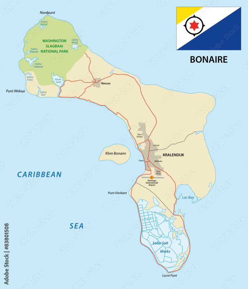 bonaire road map with flag Stock Vector | Adobe Stock