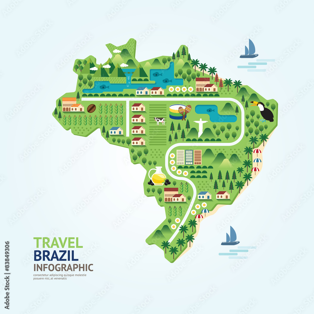 Infographic travel and landmark brazil map shape template design Stock ...