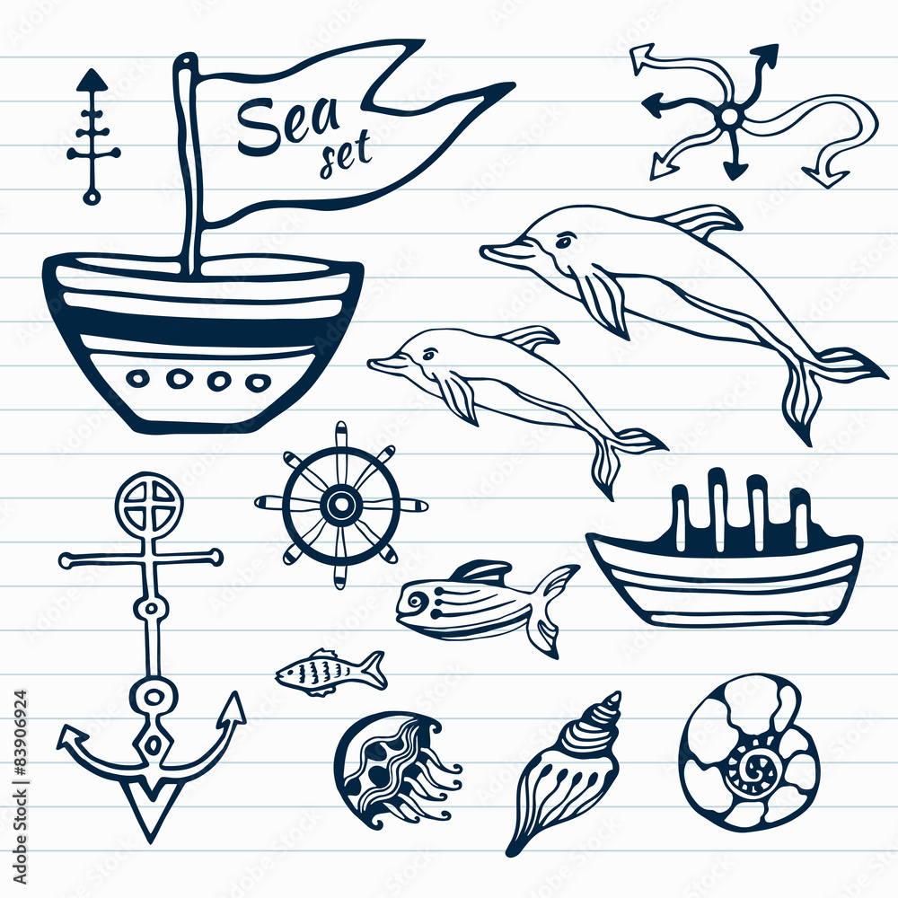 Sea life hand drawn doodle set. Nautical sketch collection with ship ...