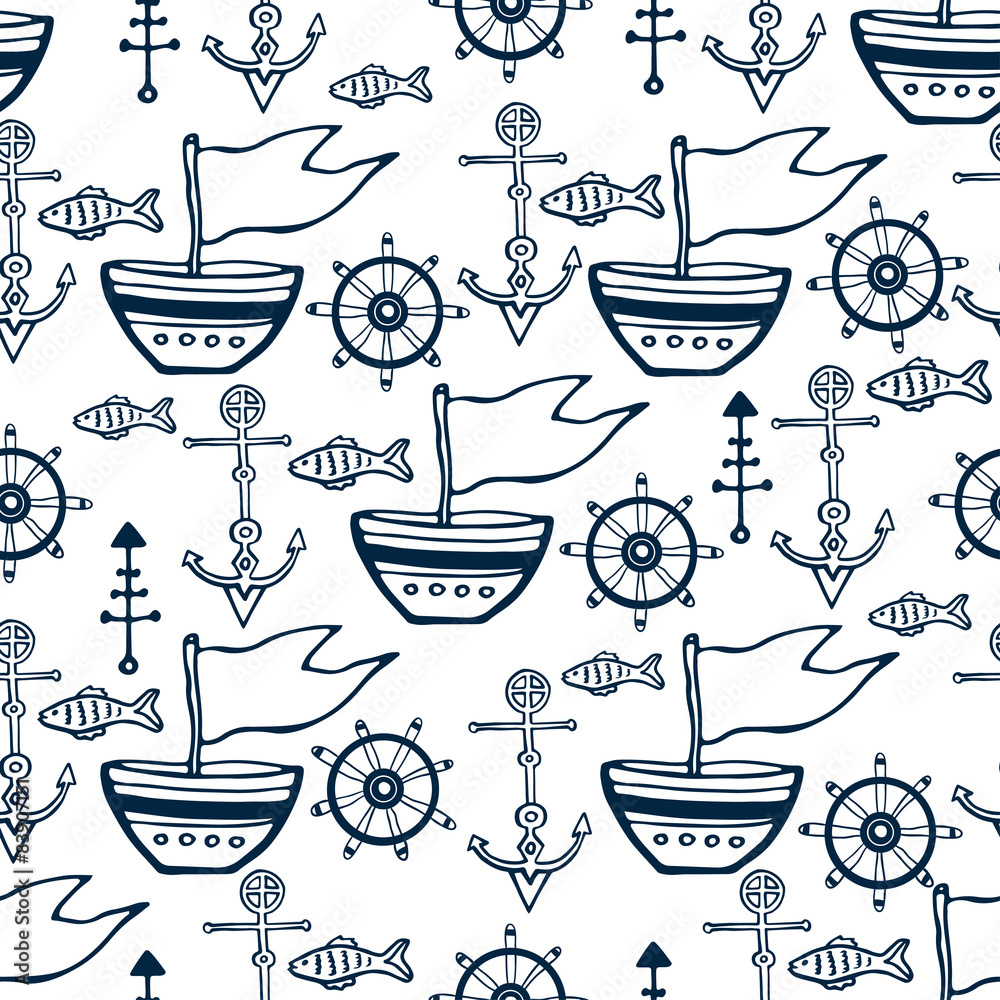 Sea life doodle set. Nautical sketch collection with ship, dolphin ...