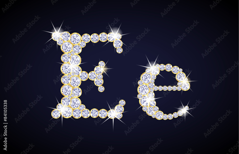 Letter "E" composed from diamonds with golden frame. Complete alphabet ...