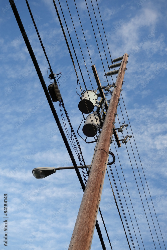 High Voltage Power Lines line wooden Utility pole Stock Photo | Adobe Stock