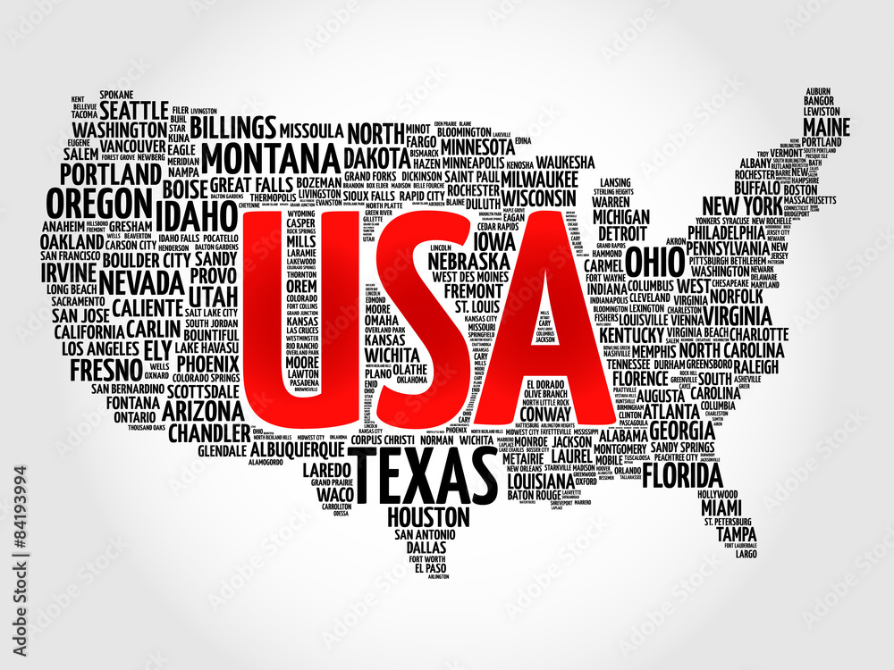 USA Map word cloud made with words cities names, vector collage Stock ...