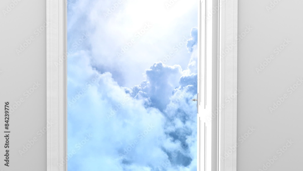 Enlightenment concept of a white door opening to heavenly clouds Stock ...