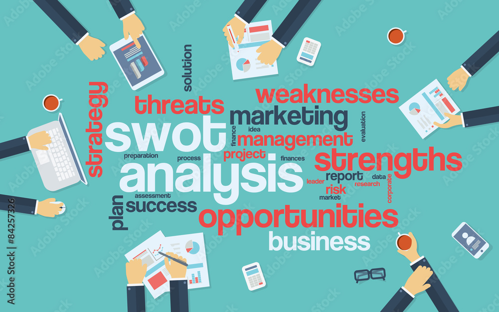 SWOT analysis infographics poster with businessmen working Stock Vector ...