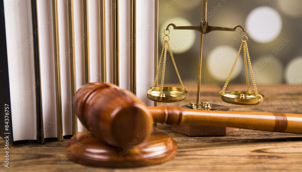 Golden scales of justice, books, Statue of Lady Justice. Owl and ...