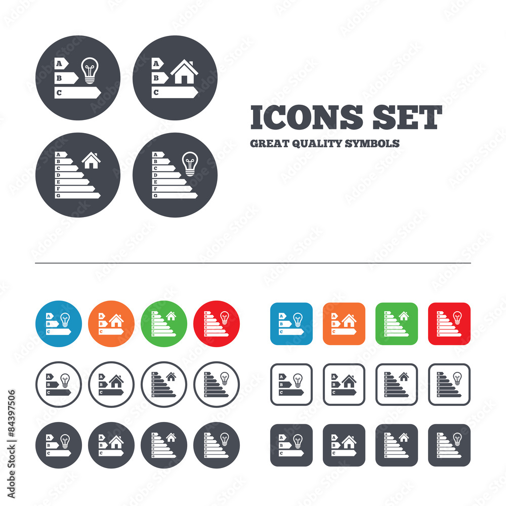 Energy efficiency icons. Lamp bulb and house. Stock Vector | Adobe Stock