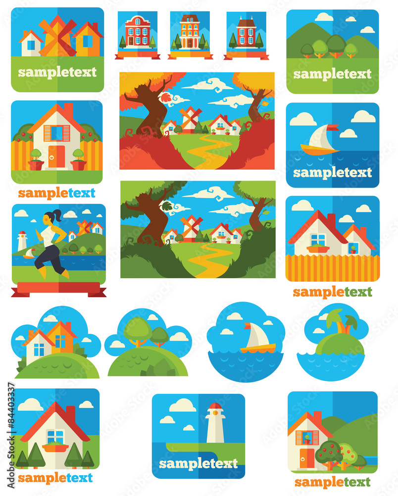 large cartoon lndscape, vellarge and nature illustration, emblem Stock ...