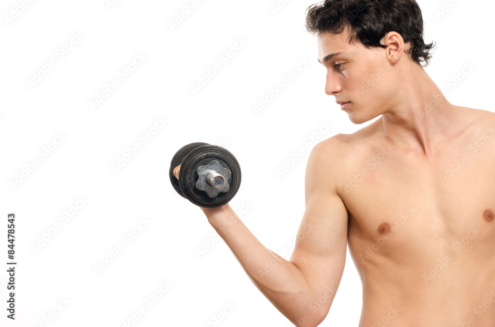 Skinny Man Training His Bicep Muscle Beautiful Teenager Lifting A