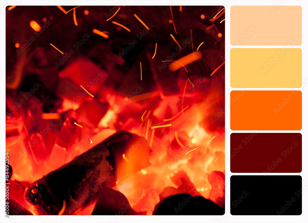 burning charcoal in the background , colour palette swatches. Stock ...