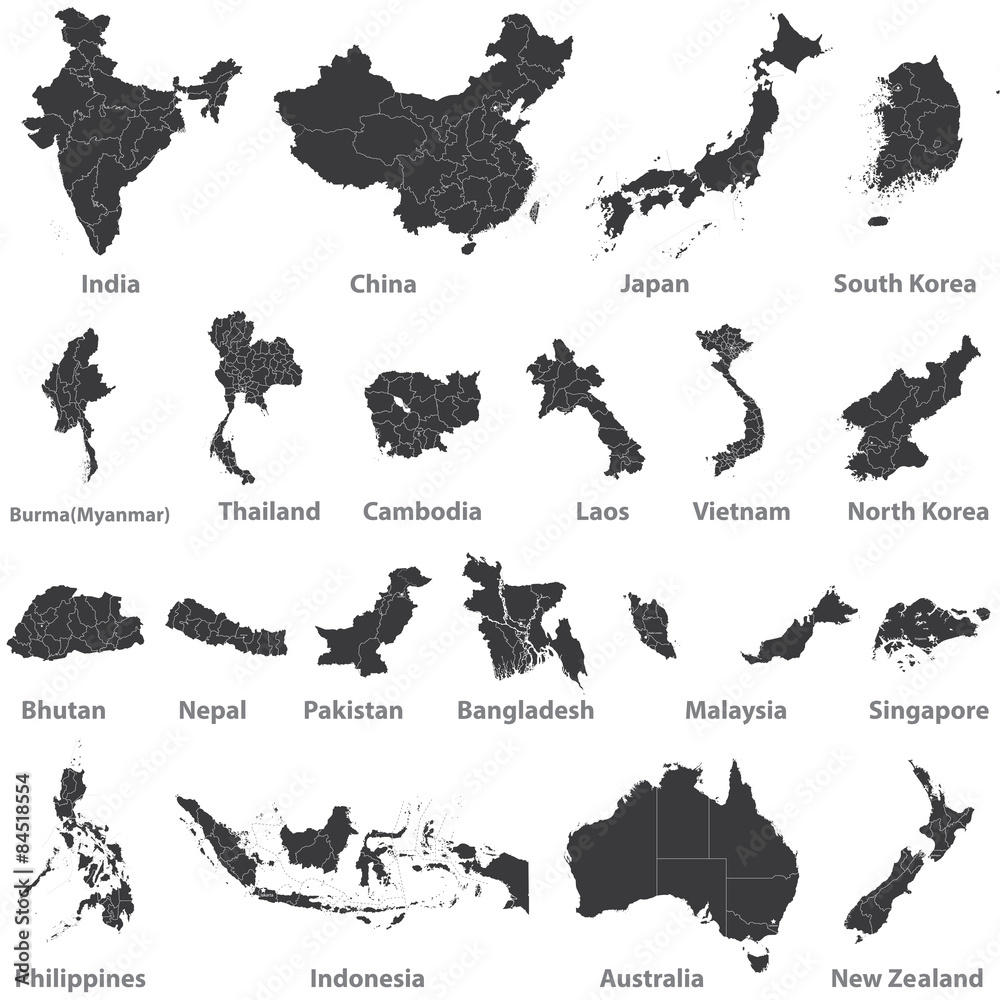 maps of asian countries, and Australia and New Zealand Stock Vector ...