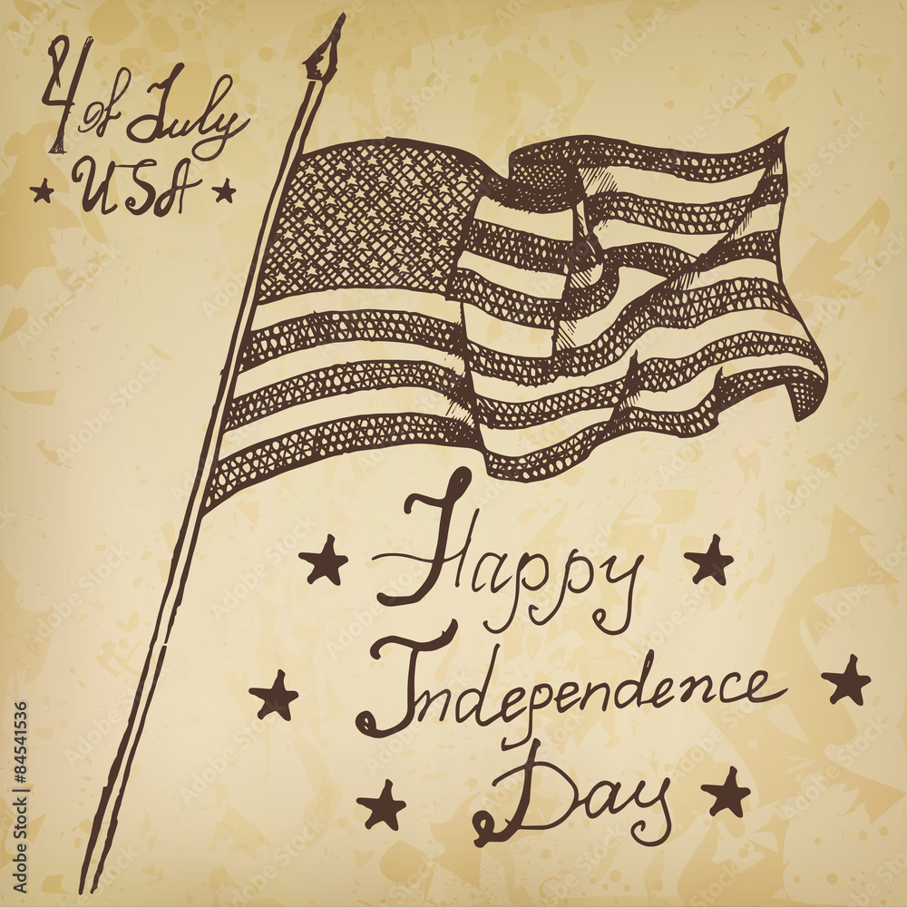 Hand drawn sketch American flag, USA Independence day, vector ...