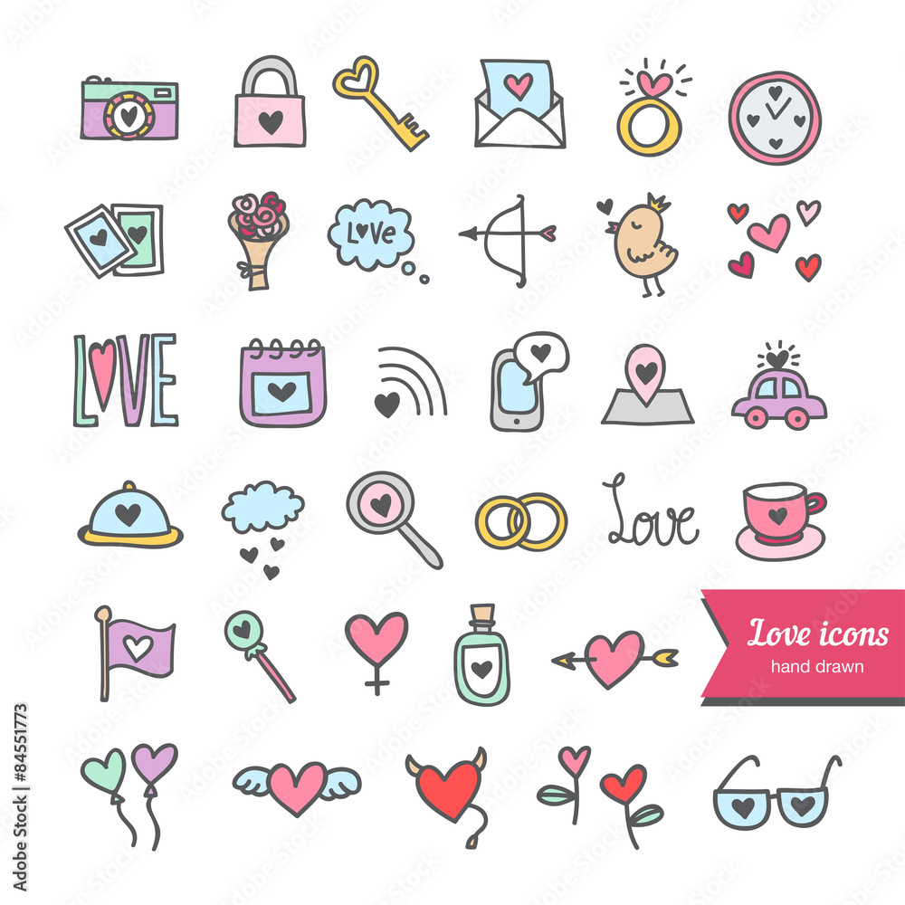 Love icons hand drawn style. Love symbols and objects. Stock Vector ...
