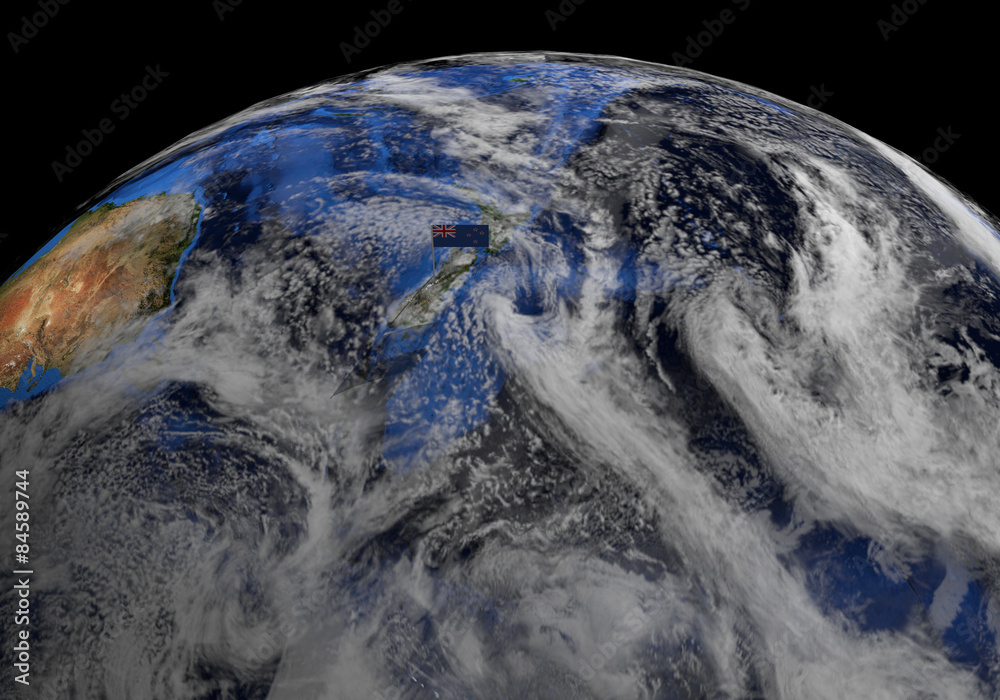 New Zealand flag on pole on earth globe illustration - Elements of this ...