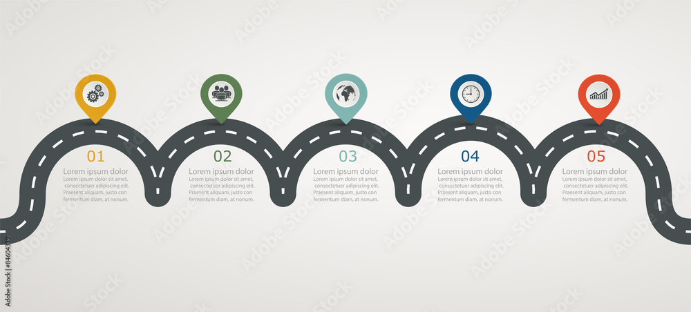 Road infographic timeline with icons, stepwise horizontal struct Stock ...