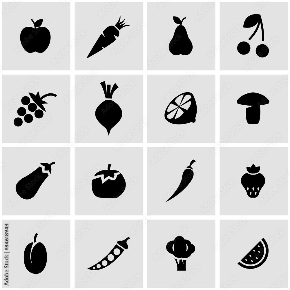 Vector black fruit and vegetables icon set Stock Vector | Adobe Stock