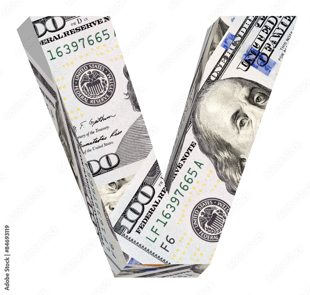 One letter from dollar bill alphabet set isolated over white. Stock ...