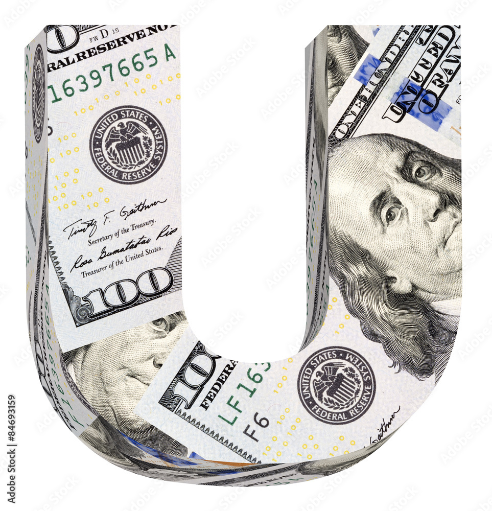 One letter from dollar bill alphabet set isolated over white. Stock ...