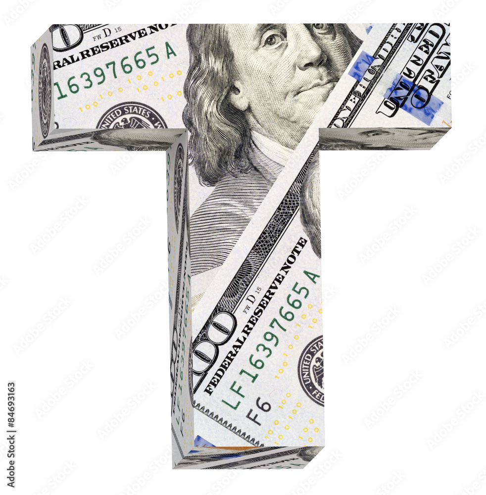 One letter from dollar bill alphabet set isolated over white. Stock ...