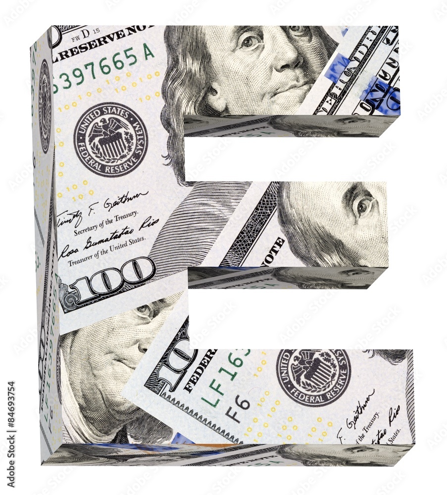 One letter from dollar bill alphabet set isolated over white. Stock ...