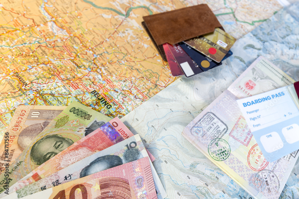 Global adventure background. Unfolded detailed maps exotic country cash ...