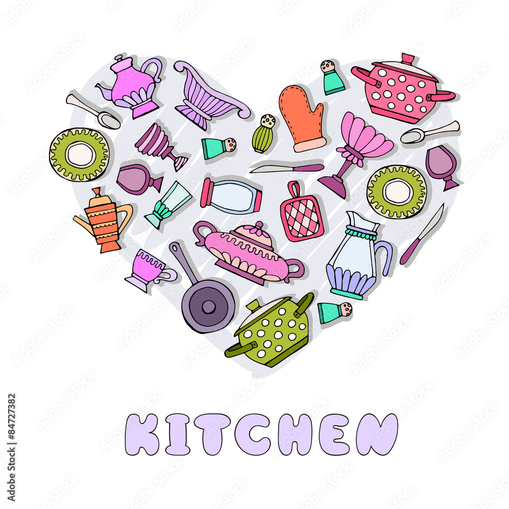 Stylized heart with hand drawn crockery on white background. Vector for ...