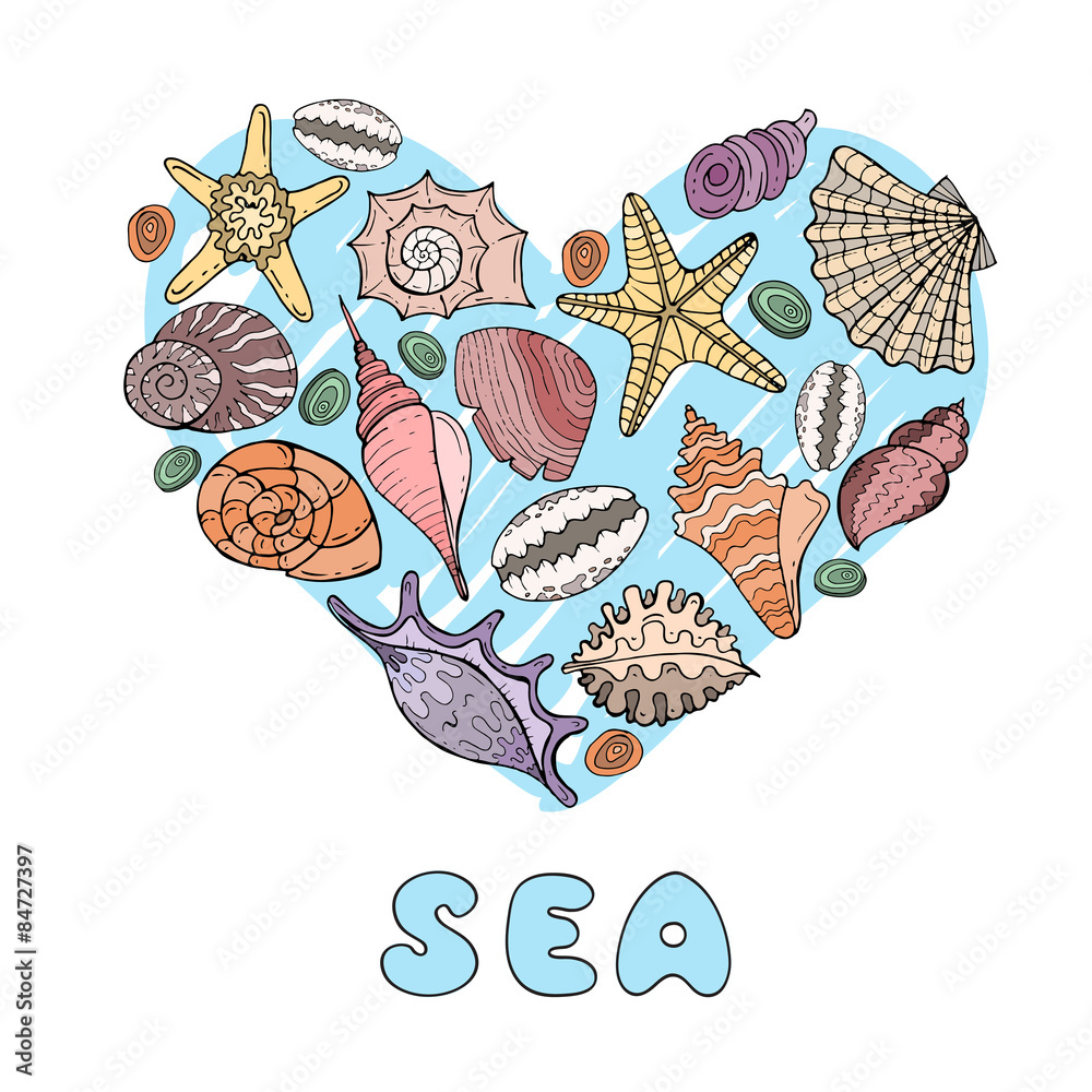Stylized heart with hand drawn seashell on white background. Vector for ...