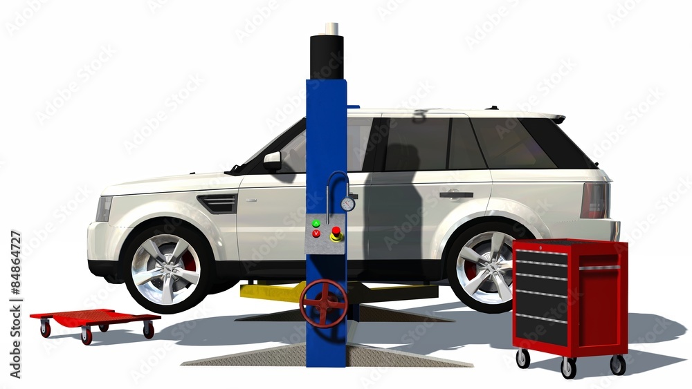 Car repair - SUV on hydraulic ramp - isolated Stock Illustration ...