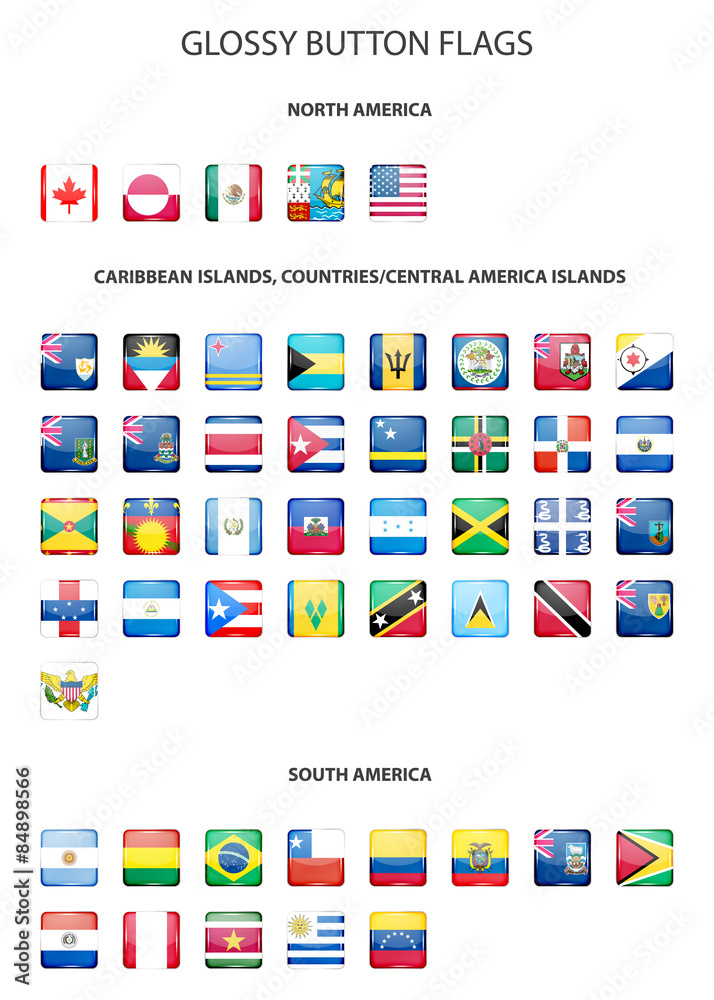 Set of glossy button flags - North AND South America, Caribbean Islands ...