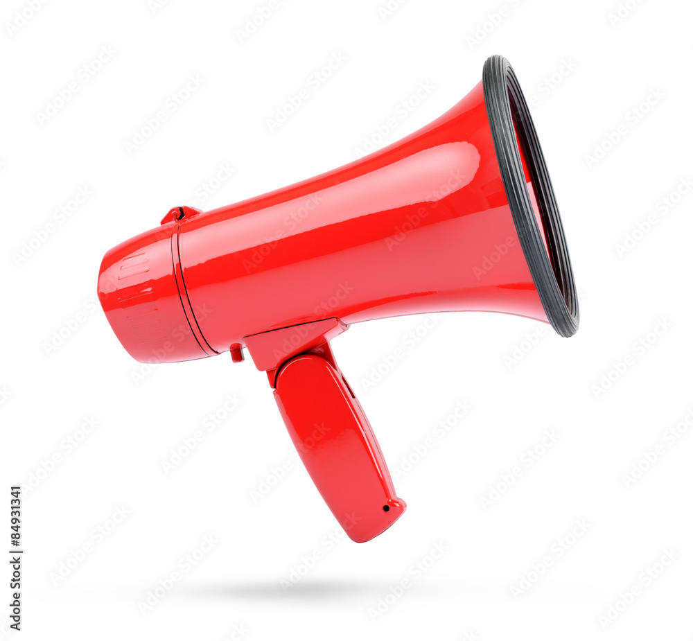 Red megaphone isolated on white background. File contains a path to ...