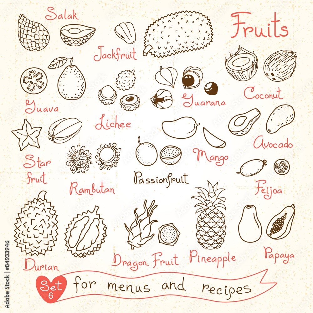 Set drawings of fruit for design menus, recipes and packages Stock ...
