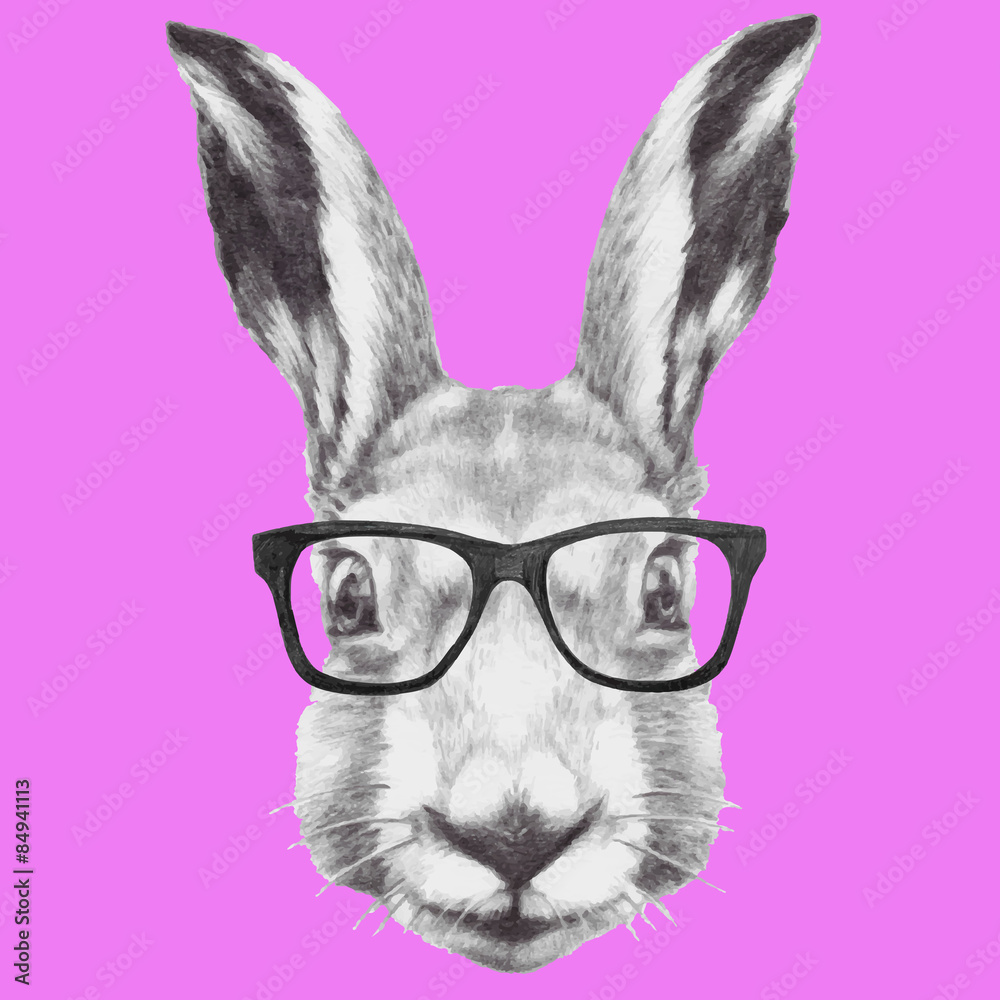 Hand drawn portrait of rabbit with glasses. Vector isolated elements ...