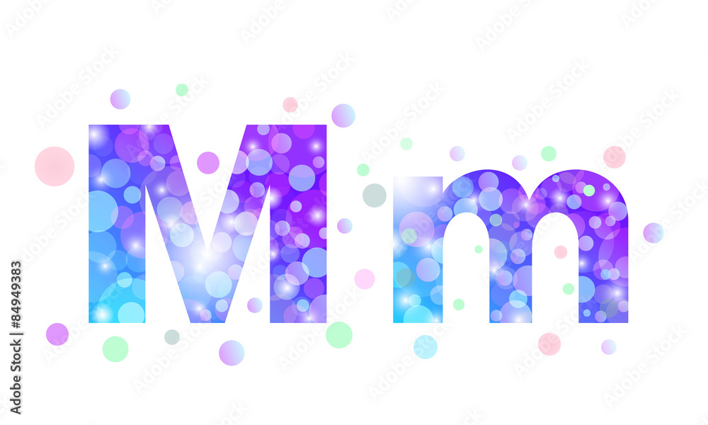 Alphabet from bokeh texture in bright blue and purple color. Letter M ...